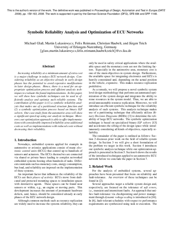 (PDF) Symbolic Reliability Analysis and Optimization of ECU Networks