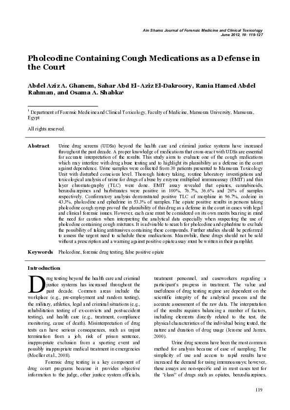 (PDF) Pholcodine Containing Cough Medications as a Defense in the Court