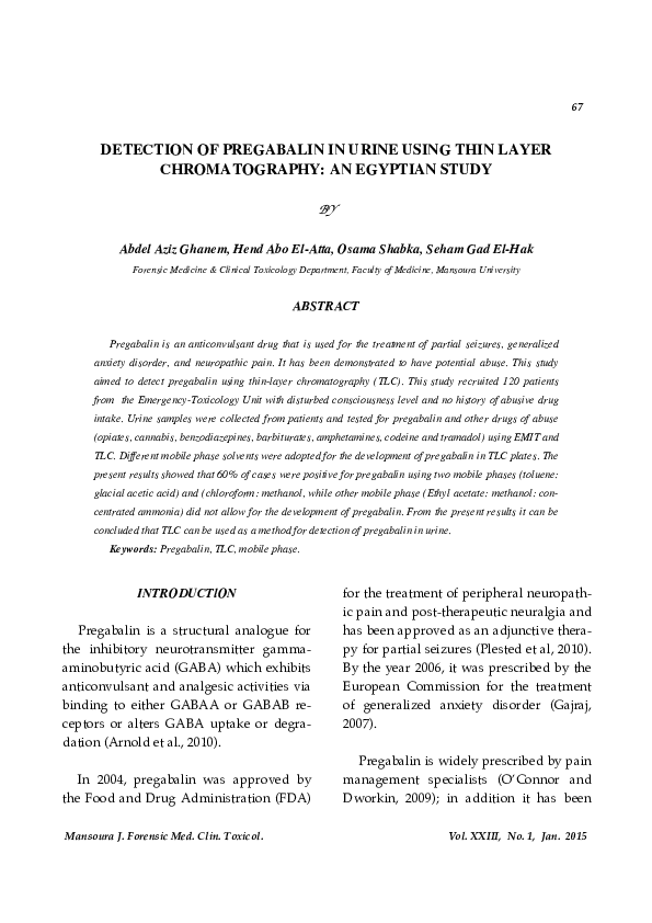 (PDF) Detection of Pregabalin in Urine Using Thin Layer Chromatography: An Egyptian Study
