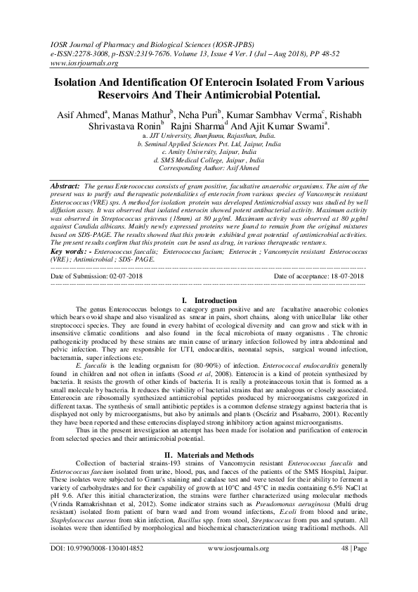 Pdf Isolation And Identification Of Enterocin Isolated From Various Reservoirs And Their