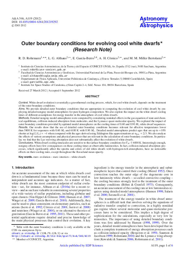 (PDF) Outer boundary conditions for evolving cool white dwarfs