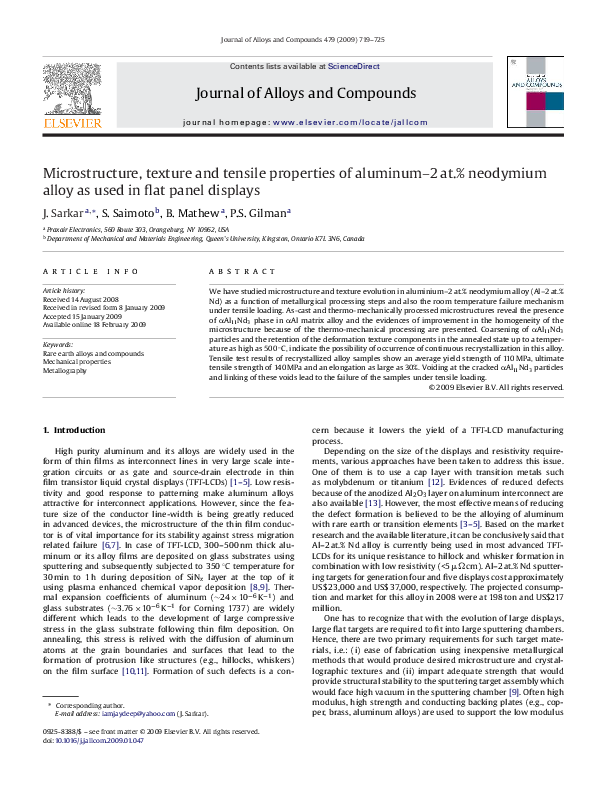 (PDF) Microstructure, texture and tensile properties of aluminum–2at.% neodymium alloy as used ...