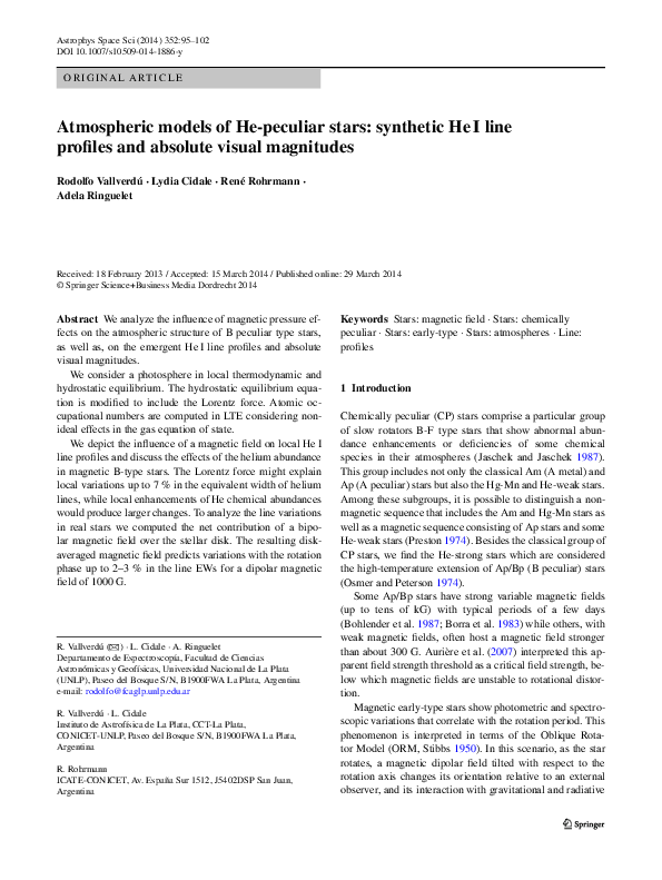 (PDF) Atmospheric models of He-peculiar stars: synthetic He I line ...