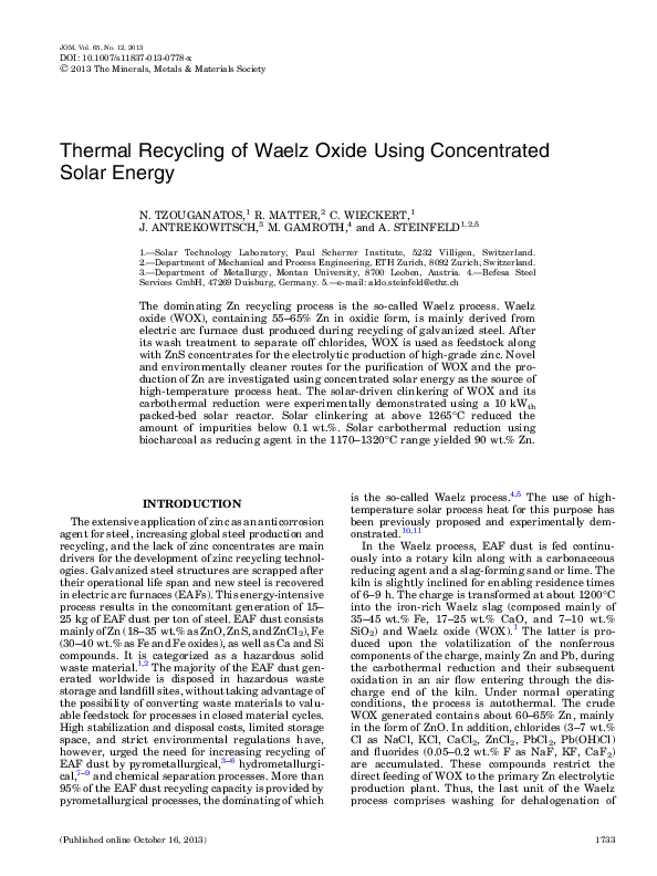 (PDF) Thermal Recycling of Waelz Oxide Using Concentrated Solar Energy