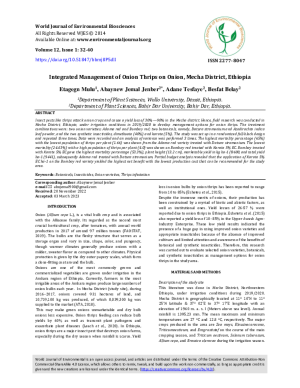 (PDF) Integrated Management of Onion Thrips on Onion, Mecha District, Ethiopia