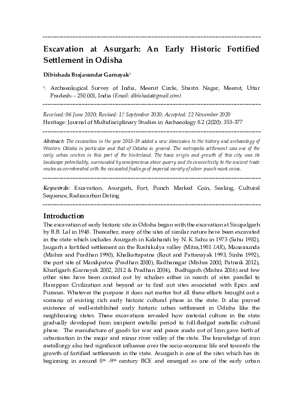 (PDF) Excavation at Asurgarh: An Early Historic Fortified Settlement in ...