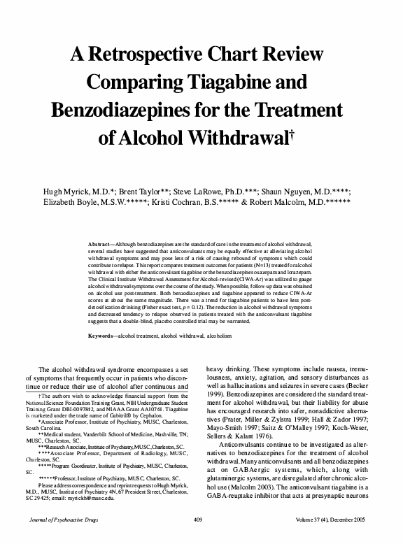 (PDF) A Retrospective Chart Review Comparing Tiagabine and Benzodiazepines for the Treatment of ...