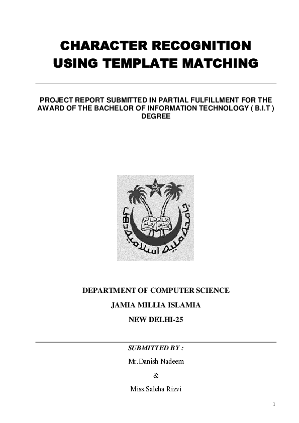 (PDF) Character Recognition Using Template Matching Project Report Submitted in Partial ...