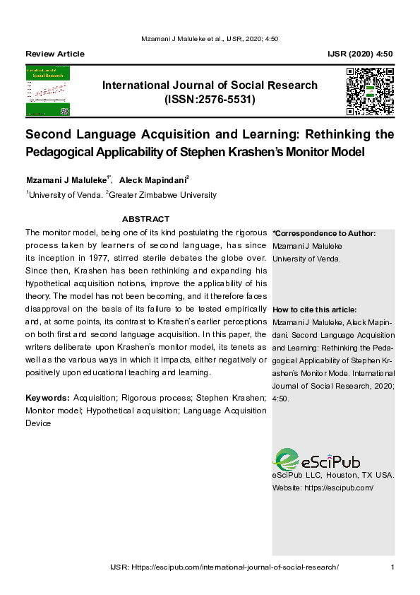 (PDF) Second Language Acquisition and Learning: Rethinking the ...