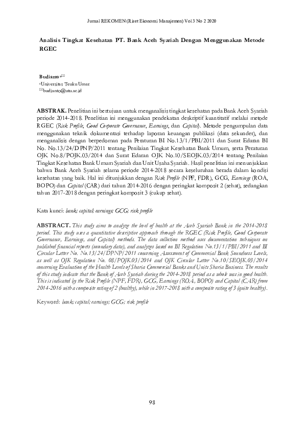 (PDF) Analisis Tingkat Kesehatan Pt. Bank Aceh Syariah Dengan Menggunakan Metode Rgec