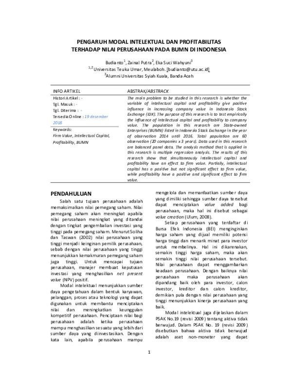 (PDF) Pengaruh Modal Intelektual Dan Profitabilitas Terhadap Nilai Perusahaan Pada Bumn DI Indonesia