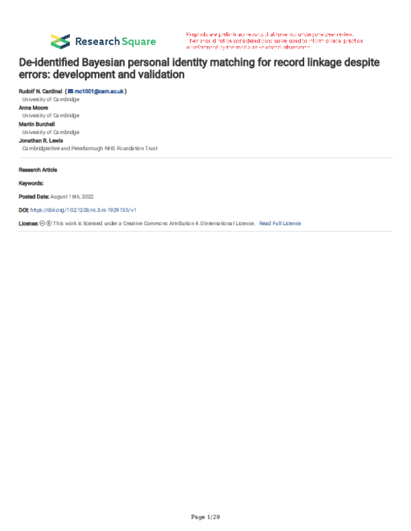 (PDF) De-identified Bayesian personal identity matching for record linkage despite errors ...