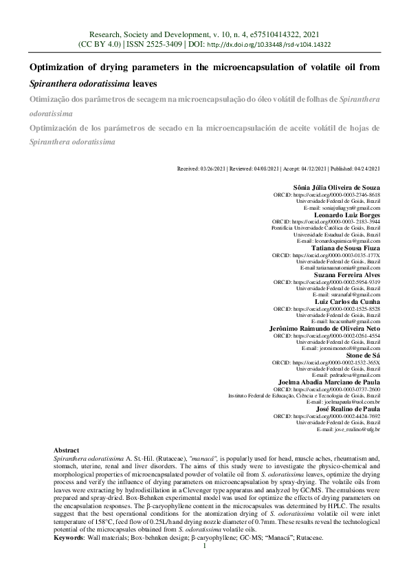 (PDF) Optimization of drying parameters in the microencapsulation of volatile oil from ...