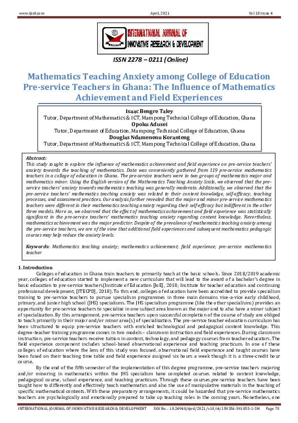 (PDF) Mathematics Teaching Anxiety among College of Education Pre ...