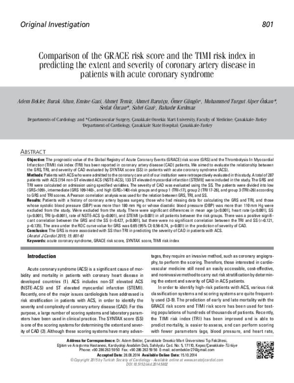 (PDF) Comparison of the GRACE risk score and the TIMI risk index in ...