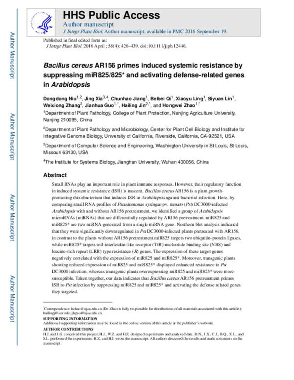 (PDF) Bacillus cereus AR156 primes induced systemic resistance by ...