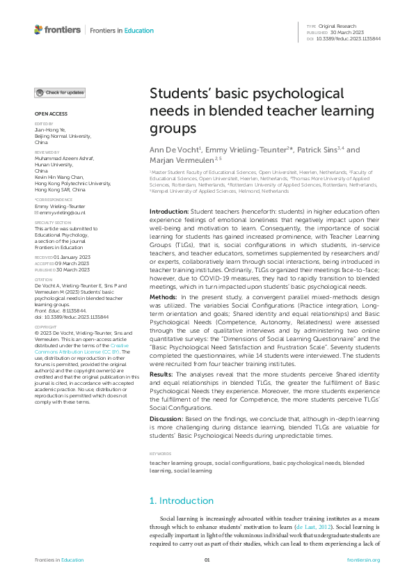(PDF) Students’ basic psychological needs in blended teacher learning groups