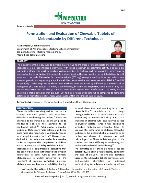Pdf Formulation And Evaluation Of Chewable Tablets Of Mebendazole By Different Techniques