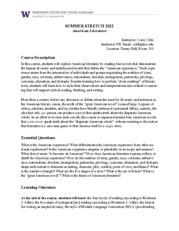 (PDF) Syllabus for American Literature (Summer Stretch 2022 at the ...