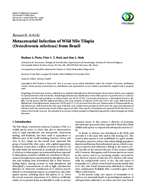 (PDF) Metacercarial Infection of Wild Nile Tilapia (Oreochromis ...