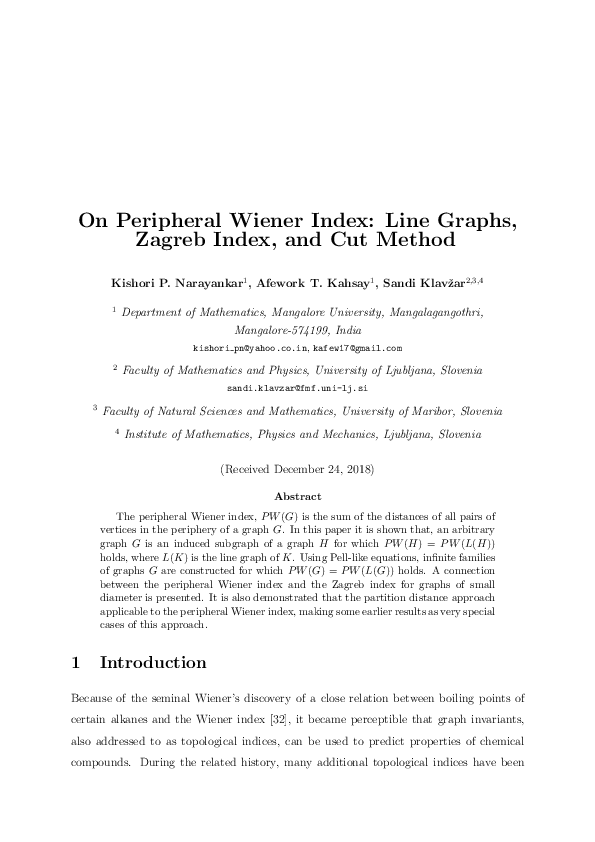 (PDF) On Peripheral Wiener Index: Line Graphs, Zagreb Index, and Cut Method