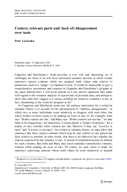 (PDF) Context, relevant parts and (lack of) disagreement over taste