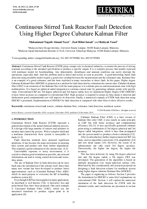 (PDF) Continuous Stirred Tank Reactor Fault Detection Using Higher Degree Cubature Kalman Filter