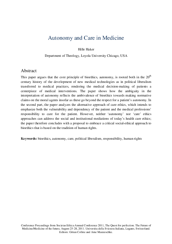 (PDF) Autonomy and Care in Medicine