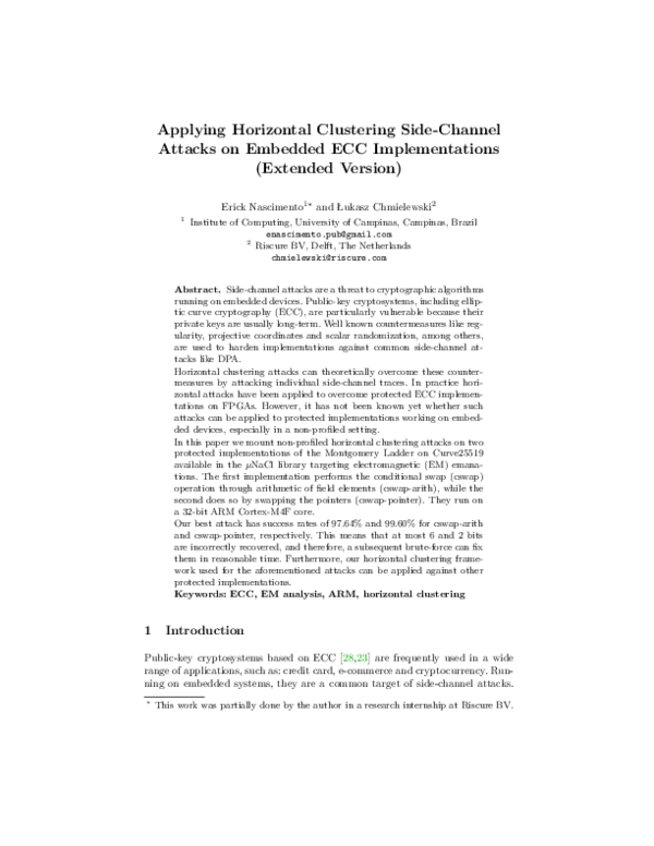 (PDF) Horizontal Clustering Side-Channel Attacks on Embedded ECC Implementations (Extended Version)