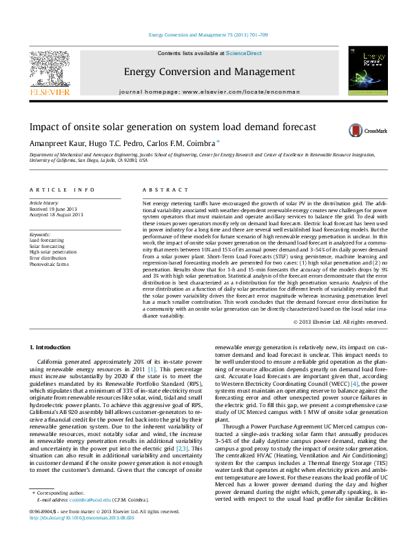 (PDF) Impact of onsite solar generation on system load demand forecast