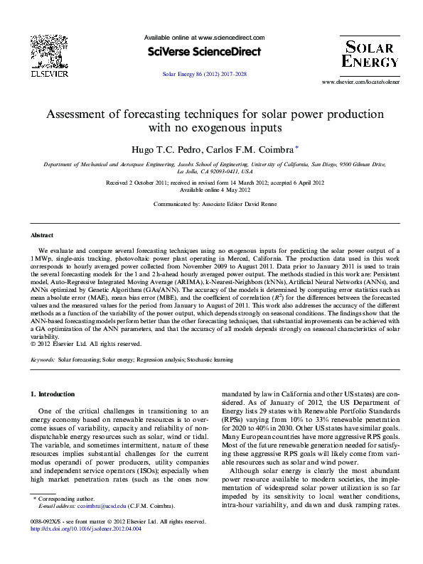(PDF) Assessment of forecasting techniques for solar power production with no exogenous inputs