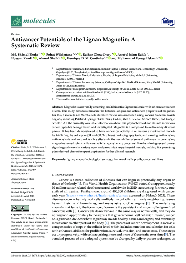 (PDF) Anticancer Potentials of the Lignan Magnolin: A Systematic Review