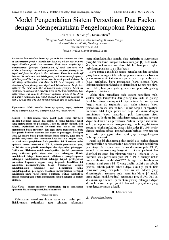 (PDF) Model Pengendalian Sistem Persediaan Dua Eselon dengan Memperhatikan Pengelompokan Pelanggan