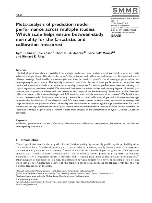 (PDF) Meta-analysis of prediction model performance across multiple studies: Which scale helps ...