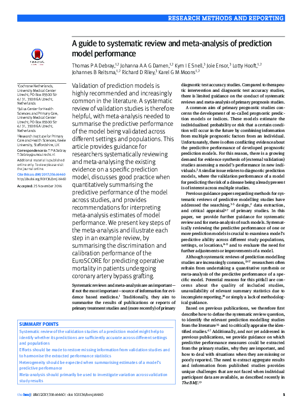 (PDF) A guide to systematic review and meta-analysis of prediction ...