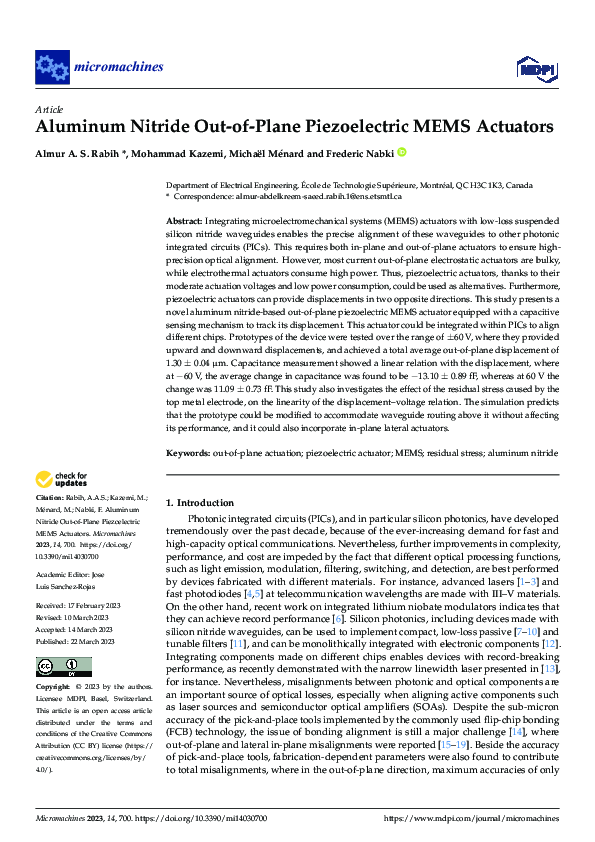 Pdf Aluminum Nitride Out Of Plane Piezoelectric Mems Actuators