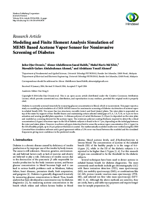 Pdf Modeling And Finite Element Analysis Simulation Of Mems Based Acetone Vapor Sensor For