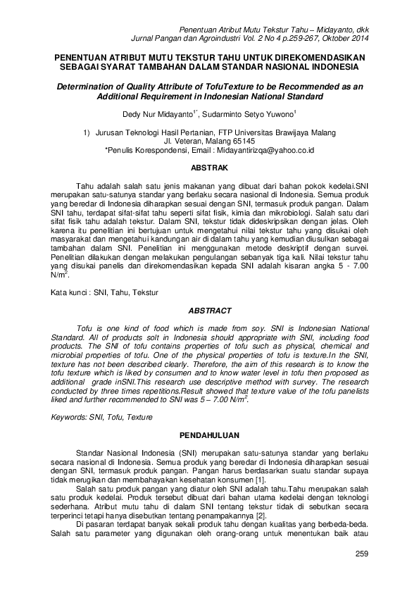 (PDF) Penentuan Atribut Mutu Tekstur Tahu Untuk Direkomendasikan Sebagai Syarat Tambahan Dalam ...