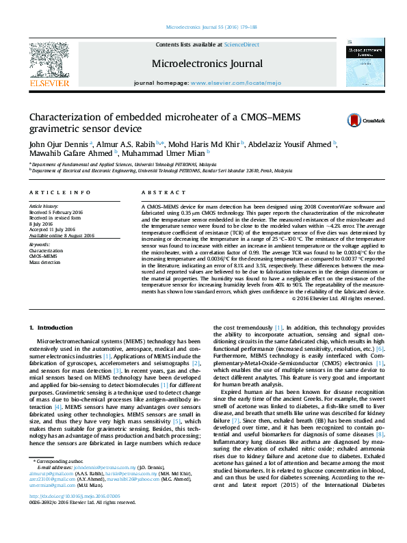 (PDF) Characterization of embedded microheater of a CMOS–MEMS gravimetric sensor device