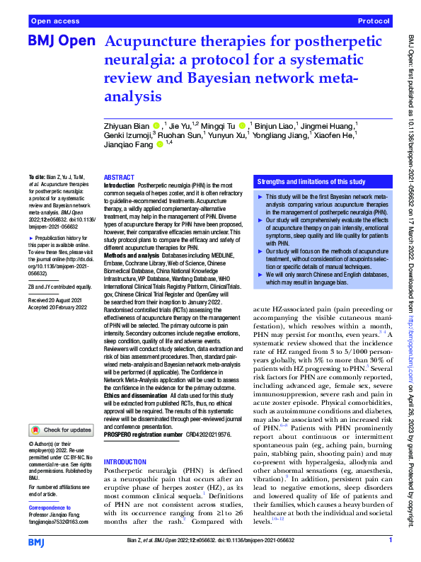 (PDF) Acupuncture therapies for postherpetic neuralgia: a protocol for a systematic review and ...