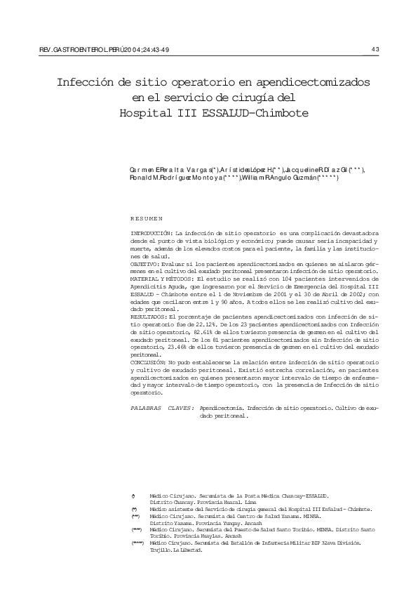 (PDF) Infección de sitio operatorio en apendicectomizados en el servicio de cirugía del Hospital ...
