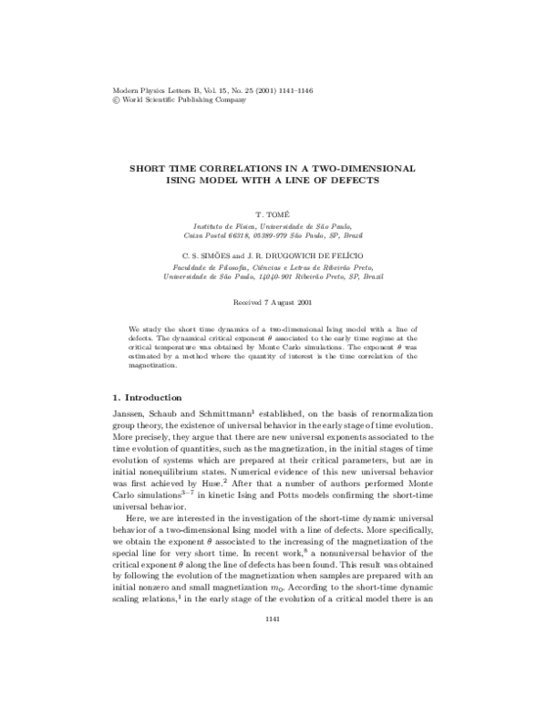 (PDF) Short Time Correlations in a Two-Dimensional Ising Model with a Line of Defects
