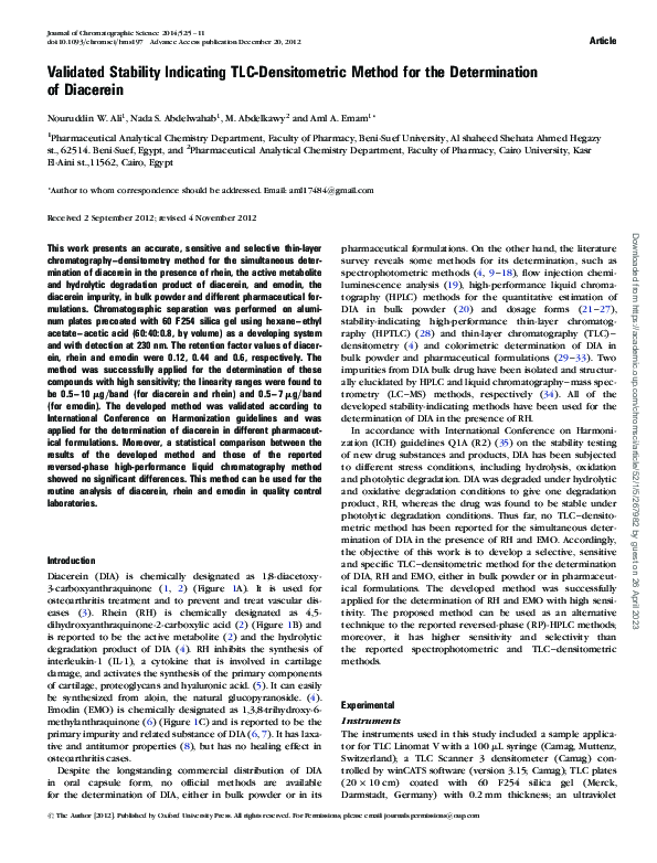 (PDF) Validated Stability Indicating TLC-Densitometric Method for the Determination of Diacerein