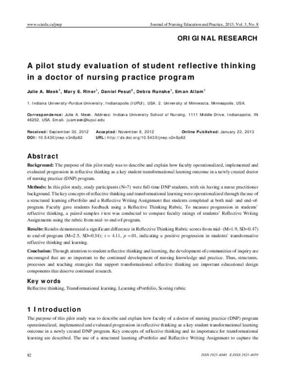 (PDF) A pilot study evaluation of student reflective thinking in a doctor of nursing practice ...