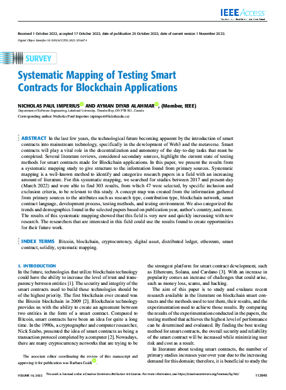 Pdf Systematic Mapping Of Testing Smart Contracts For Blockchain