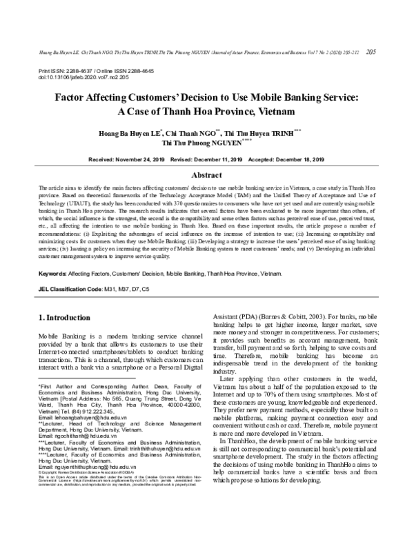 (PDF) Factor Affecting Customers’ Decision to Use Mobile Banking Service: A Case of Thanh Hoa ...