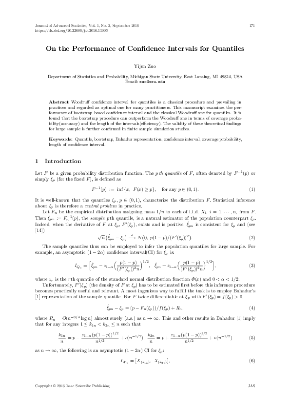 (PDF) On the Performance of Confidence Intervals for Quantiles