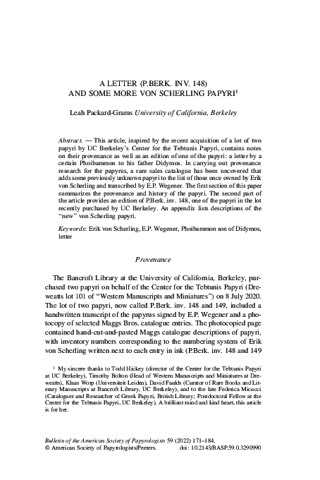 (PDF) A Letter (P.Berk.inv. 148) and Some More Von Scherling Papyri