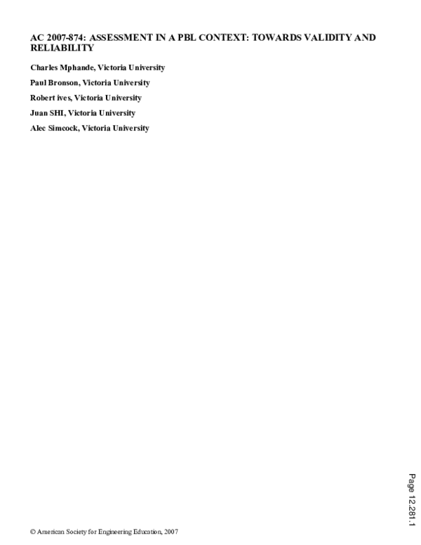 Pdf Assessment In A Pbl Context Towards Validity And Reliability