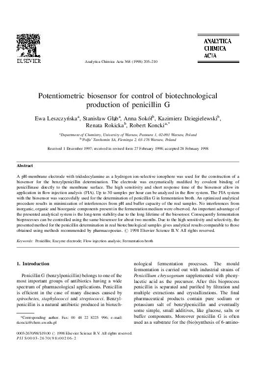 (PDF) Potentiometric biosensor for control of biotechnological ...